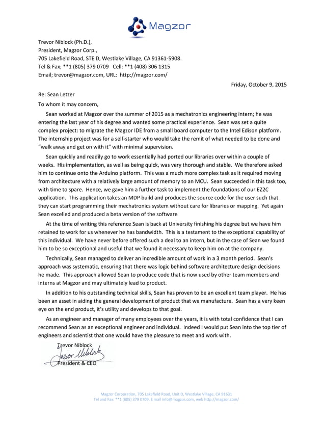 Sean Letzer Reference Letter | PDF | Business | Business and Finance