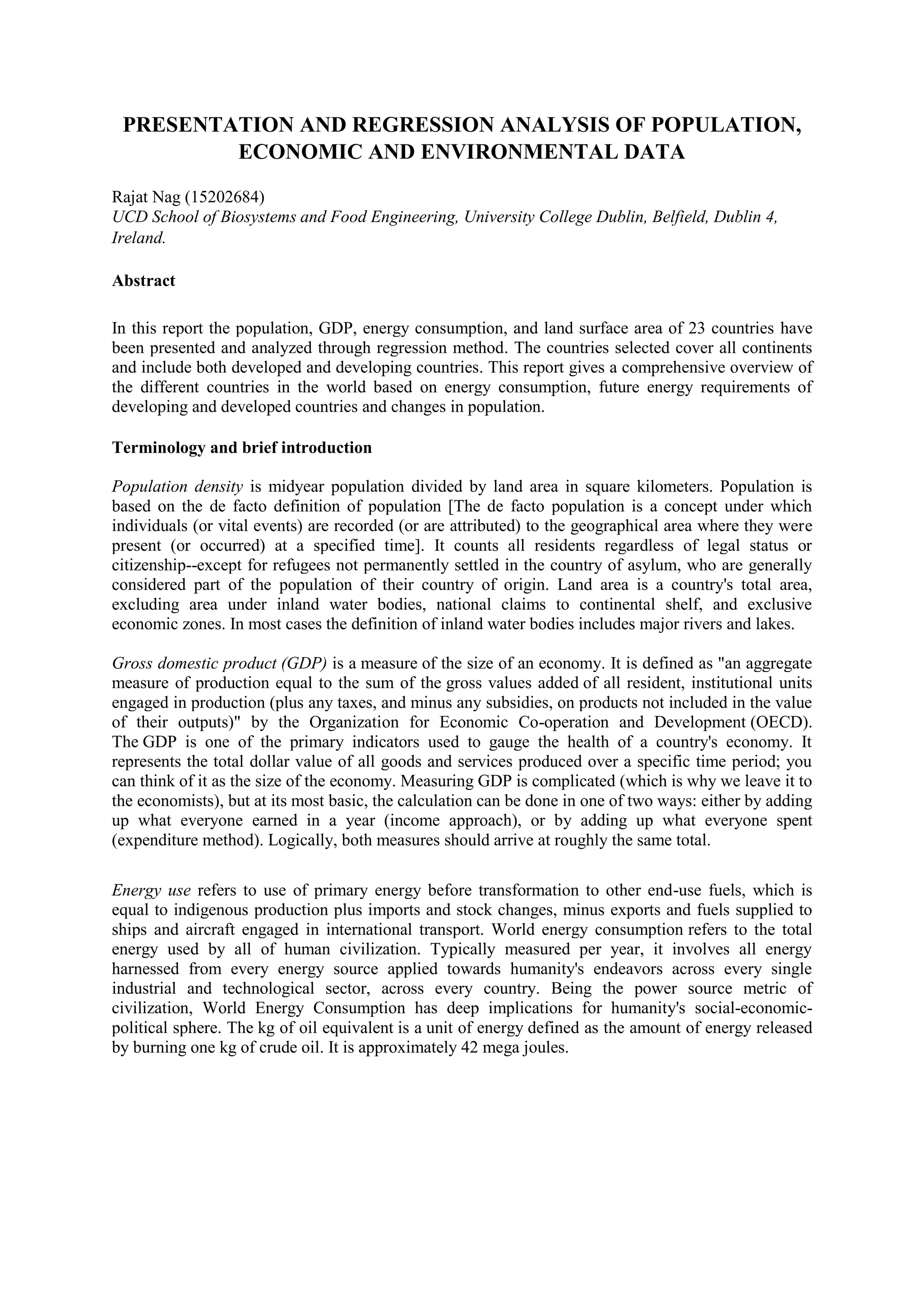 PRESENTATION AND REGRESSION ANALYSIS OF POPULATION, ECONOMIC AND ...