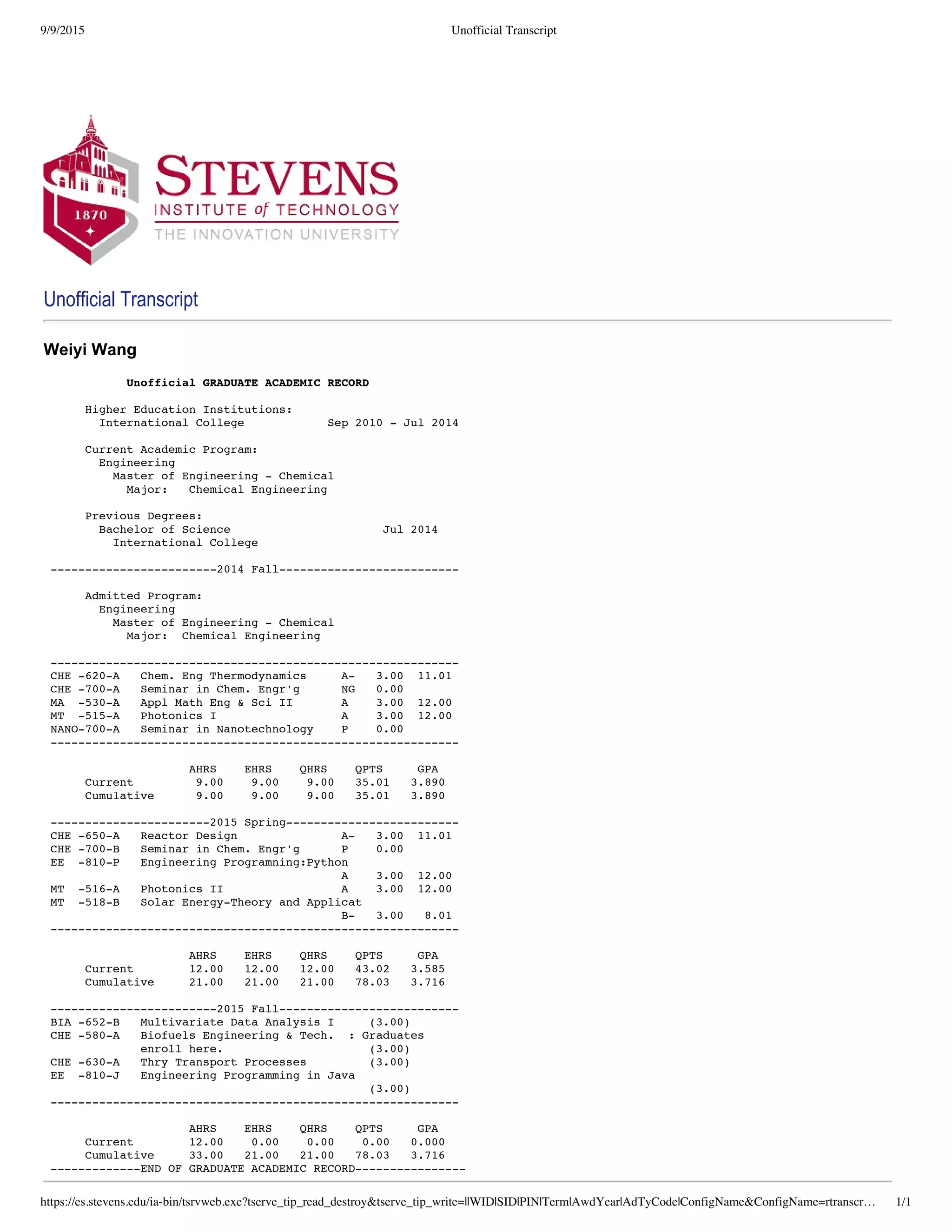 Unofficial Transcript | PDF