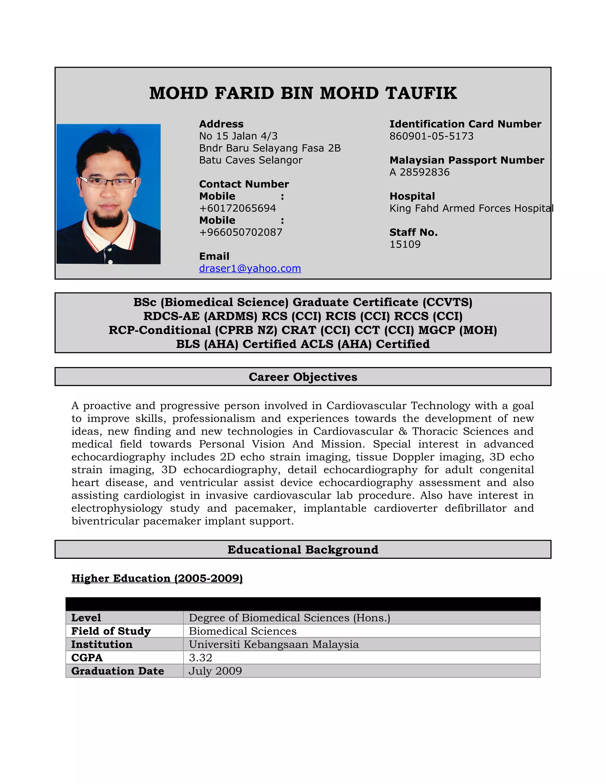 Curriculum Vitae MOHD FARID BIN MOHD TAUFIK | DOC