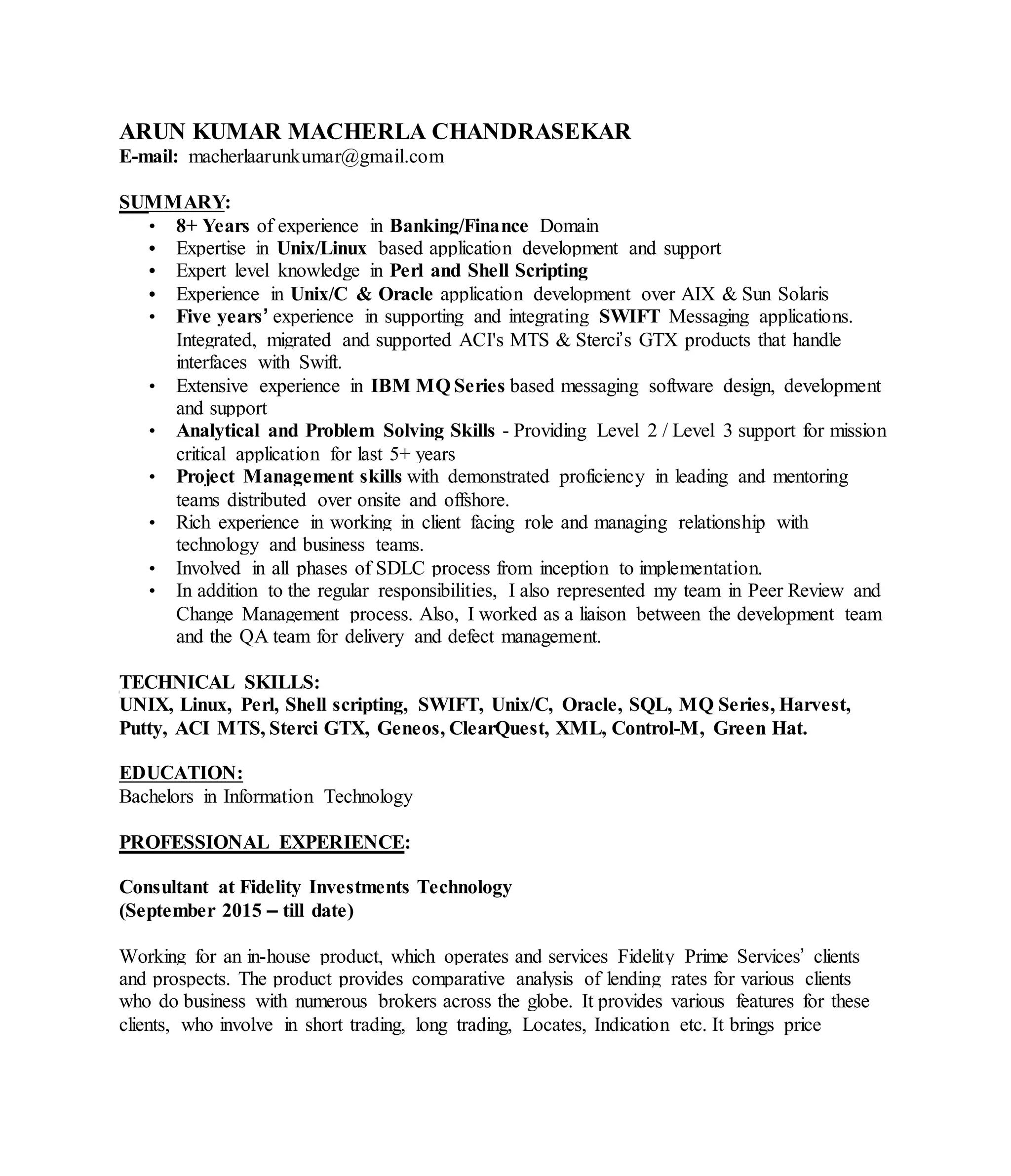 Arun Kumar M Chandrasekar Resume | DOCX
