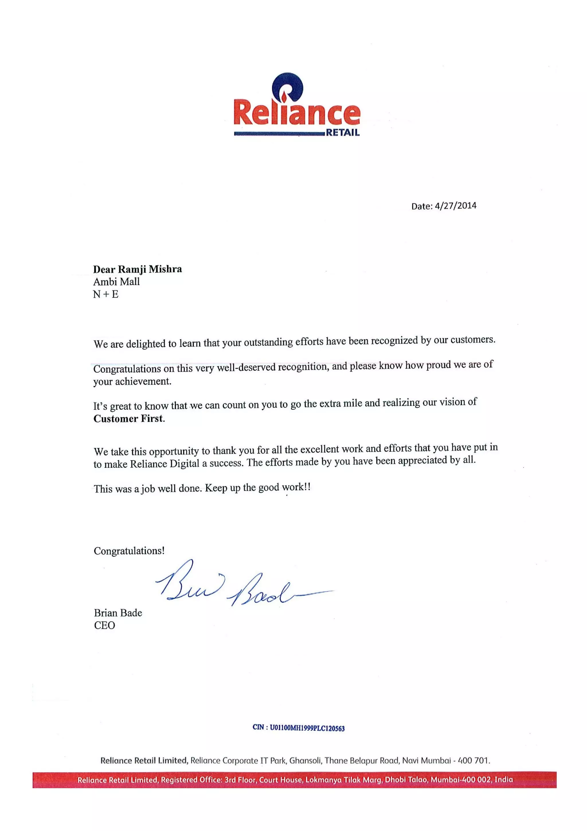 Apprecition letter_Reliance | PDF