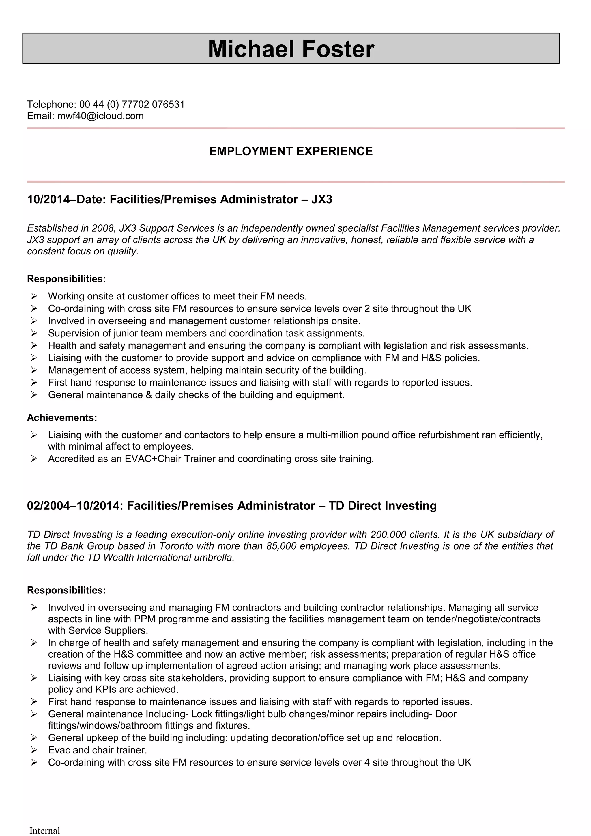 M Foster CV (updated) | PDF