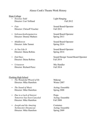 Aleece's Theatre Work History | ODT | Musicals | Genres