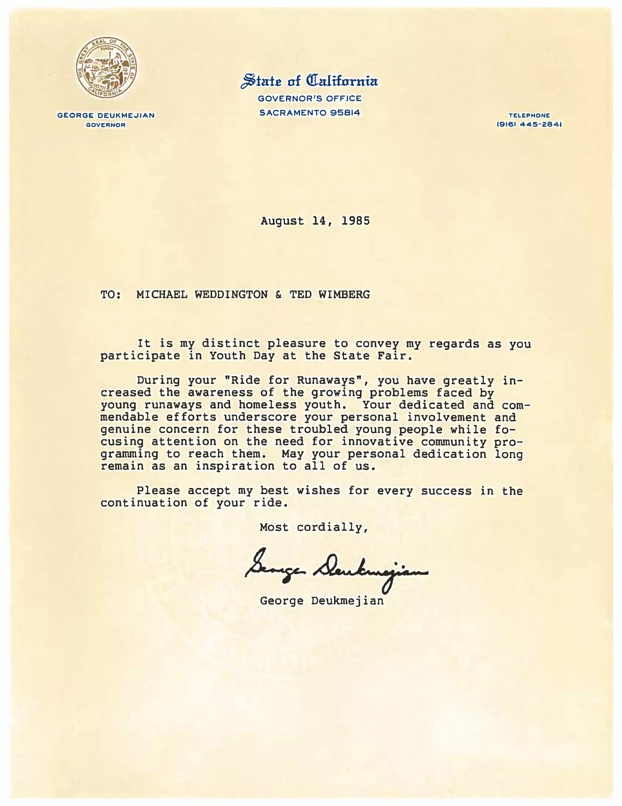 Commendation Letter from CA Governor- Ride for Runaways | PDF