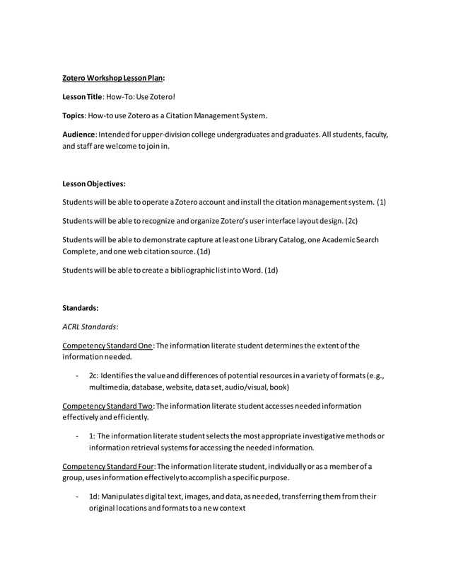 Final - Zotero Workshop Lesson Plan | PDF