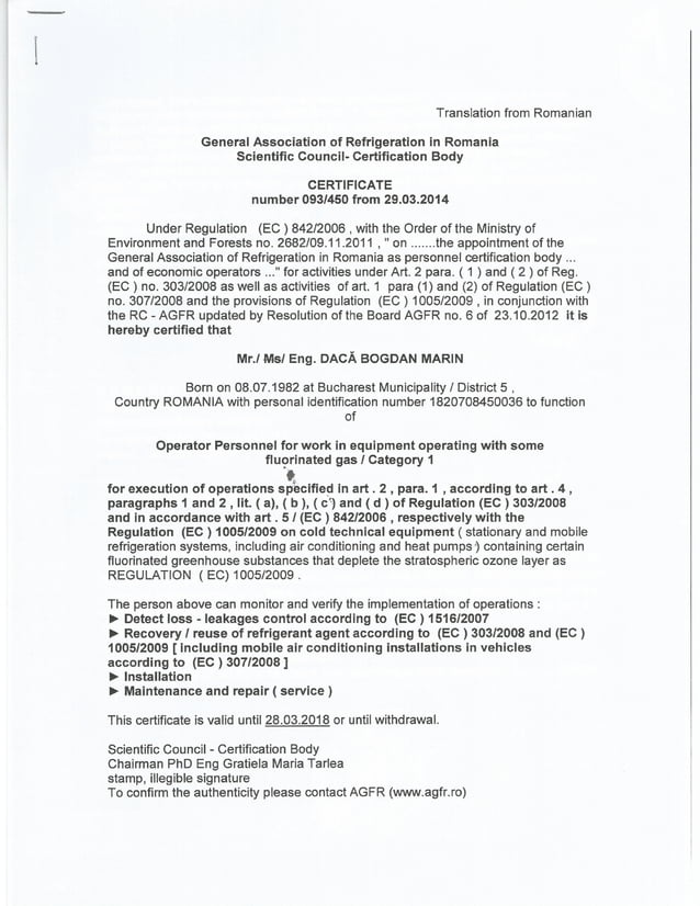 Bogdan Daca - Refrigeration Certificate | PDF