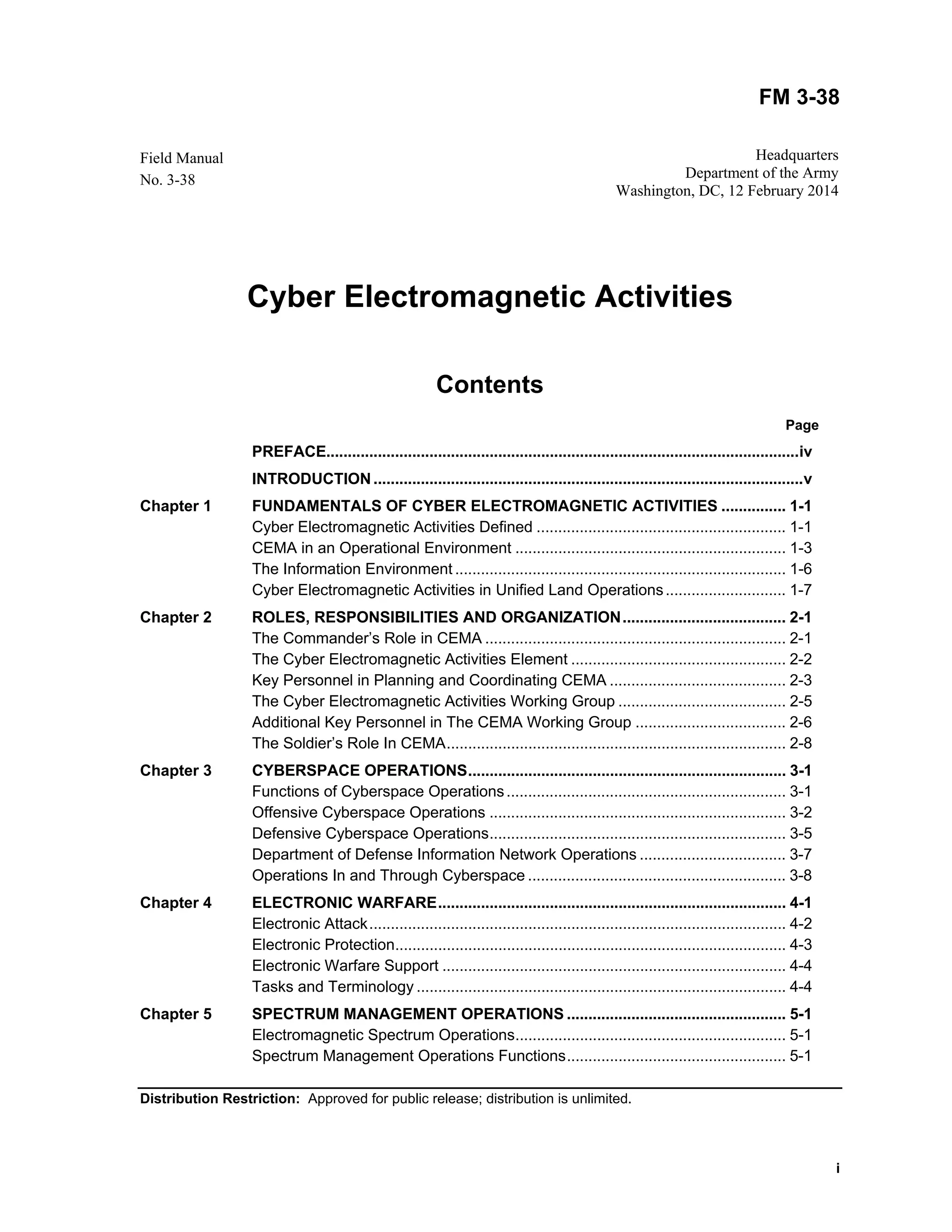 US Army Cyber Warfare Field Manual FM 3-38 CEMS | PDF