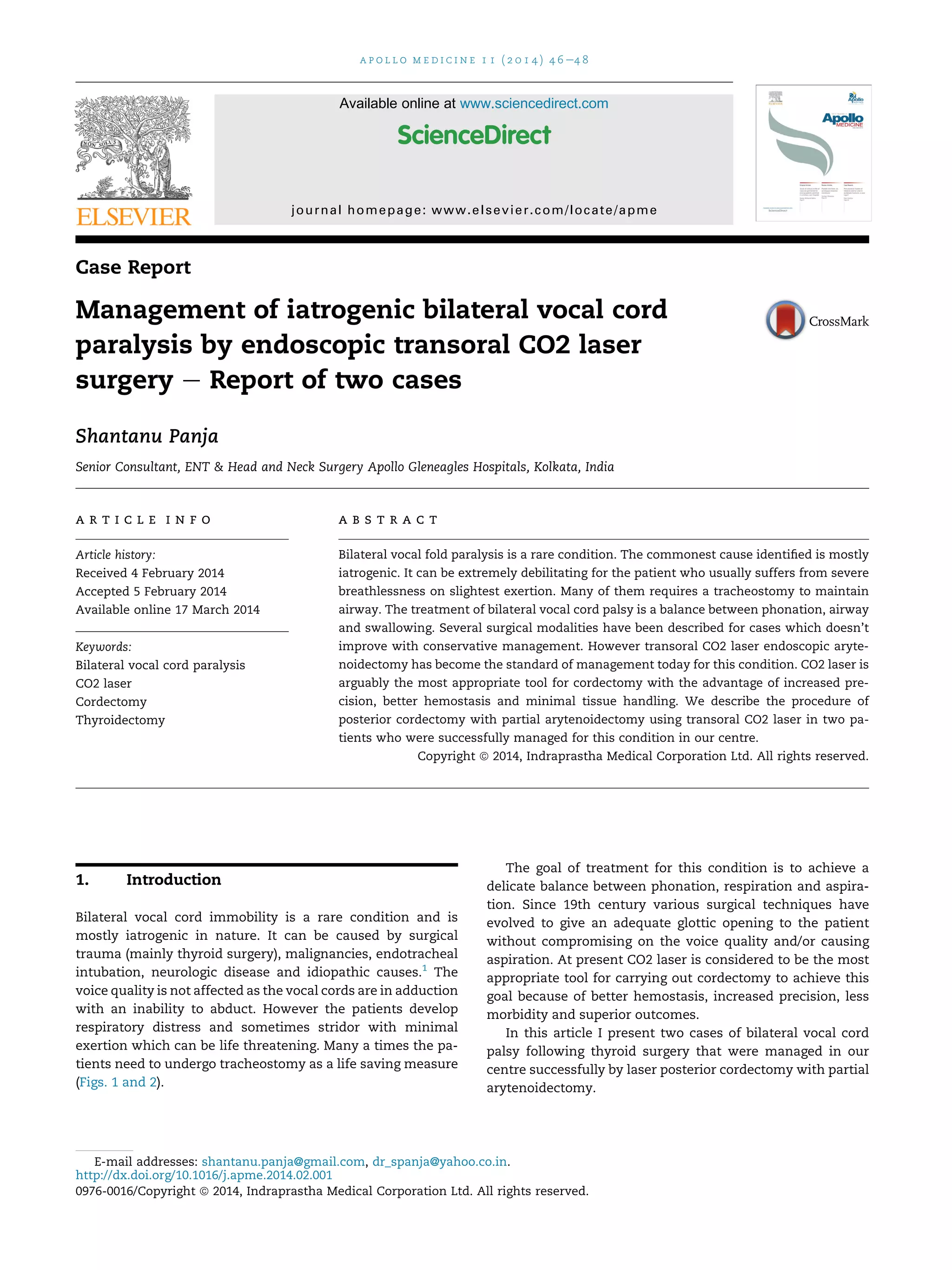 Management of iatrogenic bilateral vocal cord paralysis by endoscopic ...