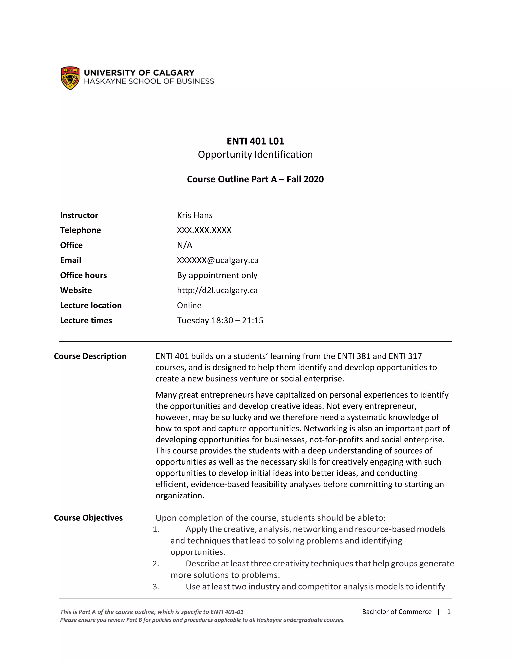 ENTI 401 - Opportunity Identification Course Outline Fall 2020 | PDF