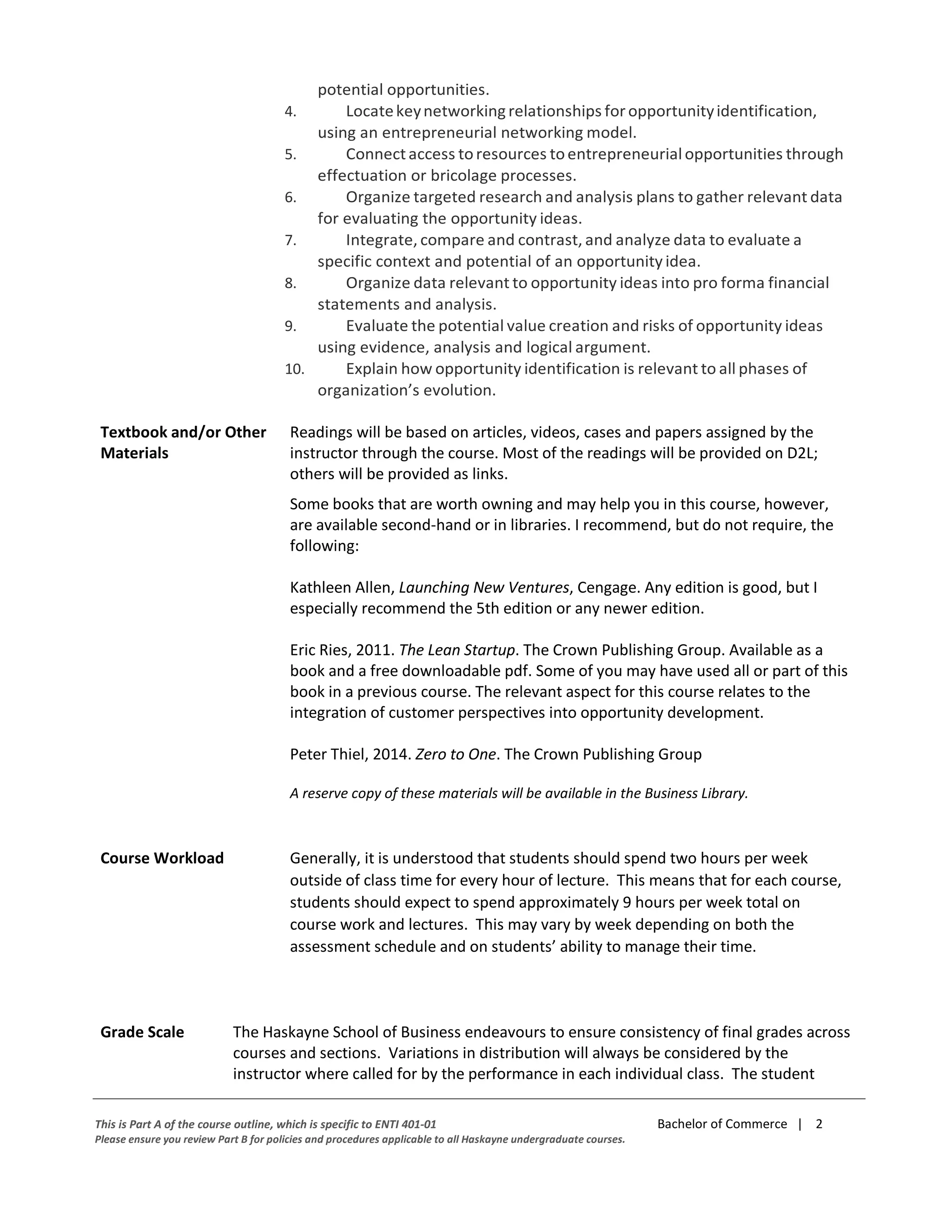 ENTI 401 - Opportunity Identification Course Outline Fall 2020 | PDF