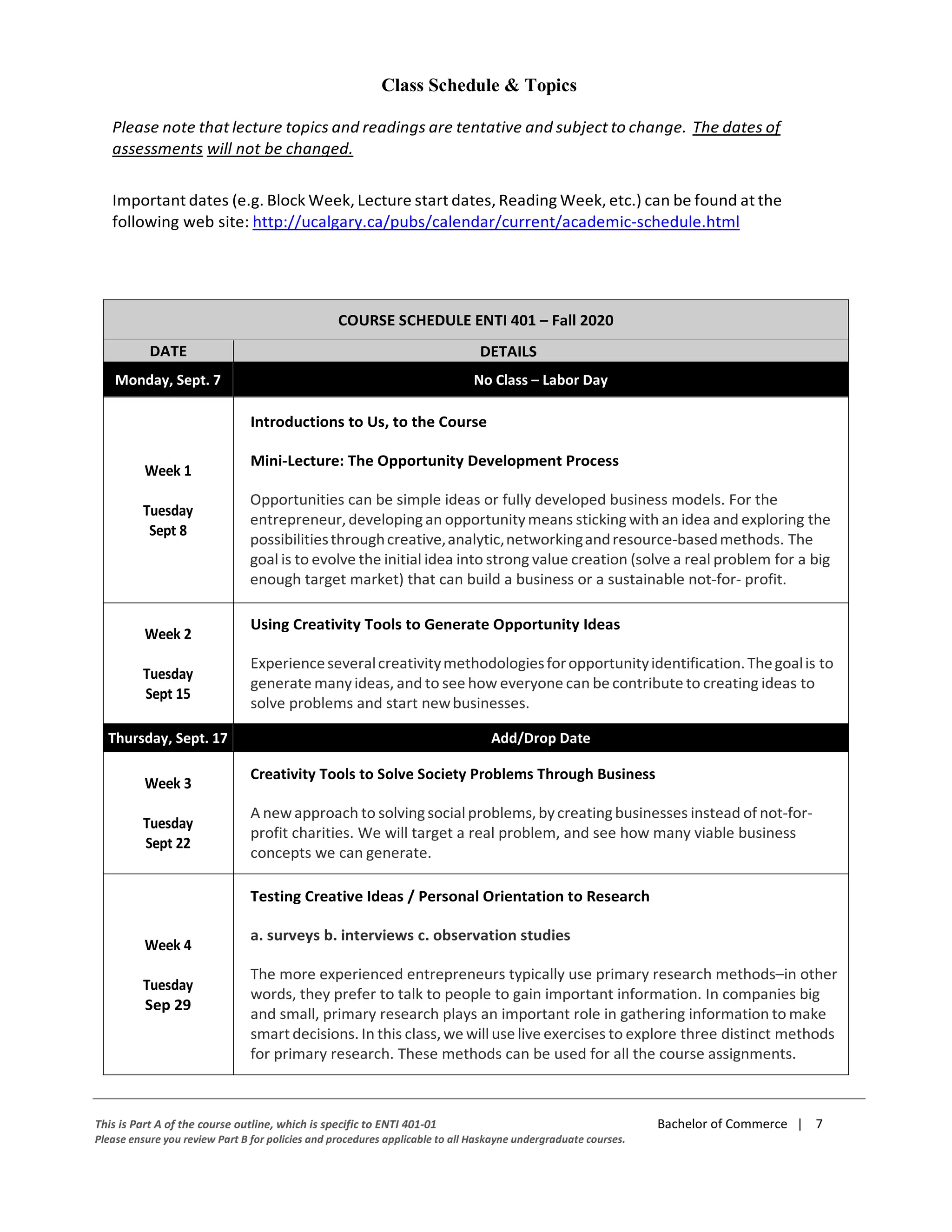 ENTI 401 - Opportunity Identification Course Outline Fall 2020 | PDF