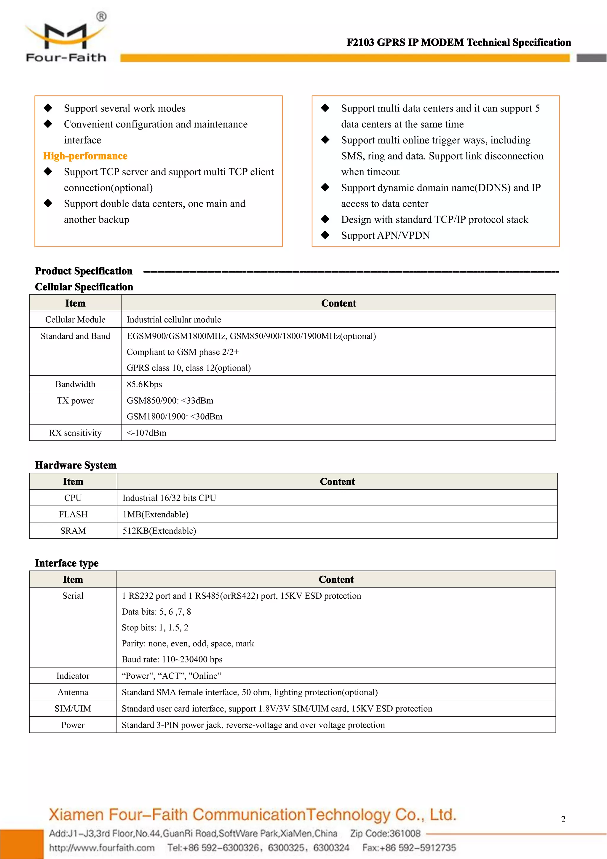 F2103 gprs ip modem technical specification | PDF
