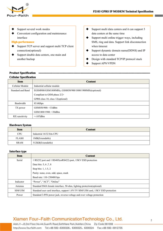 F2103 gprs ip modem technical specification | PDF