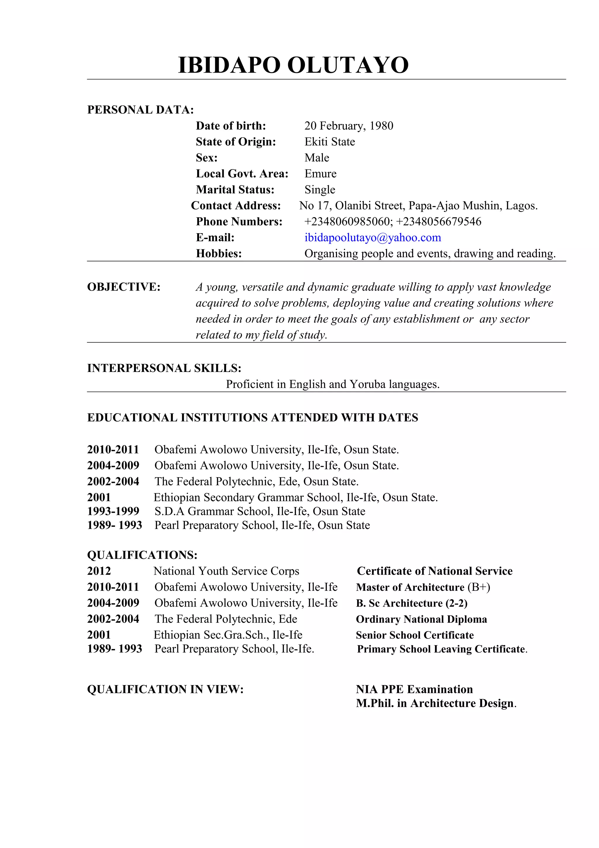 Olutayo Ibidapo CV (Word) | DOC