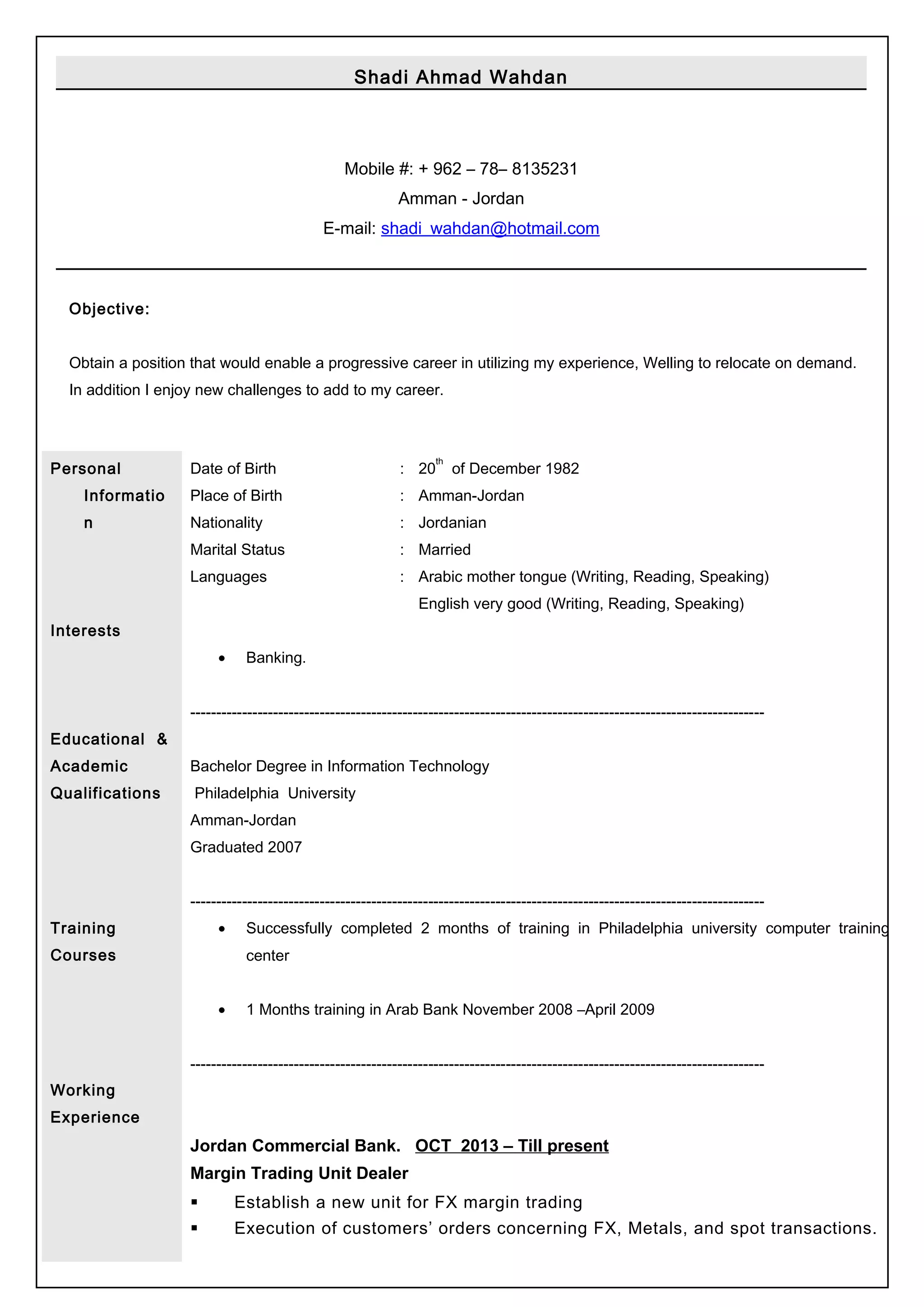 shadi new cv | DOC | Business Banking & Finance | Business