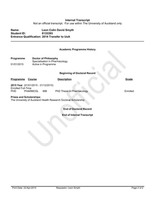UoA Transcript Leon Smyth | PDF
