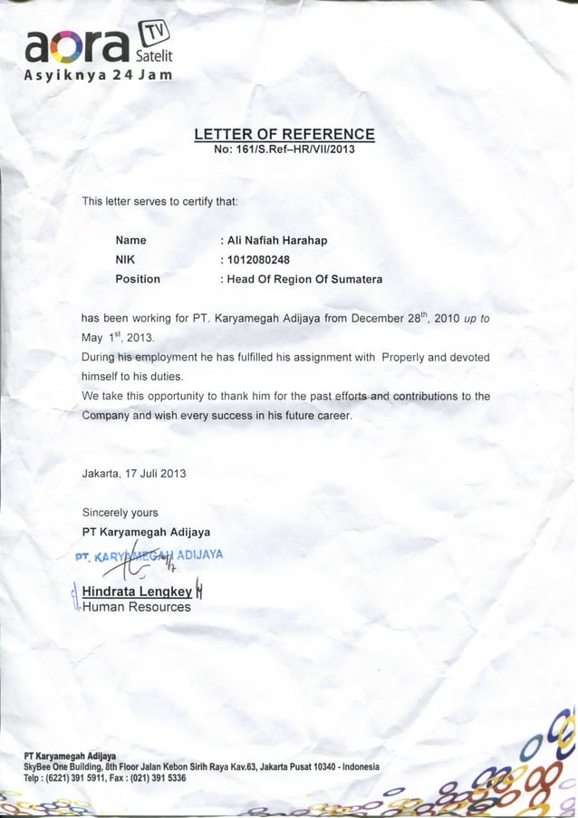 Letter of reference of PT. Karyamegah Adijaya (aora TV) | PDF