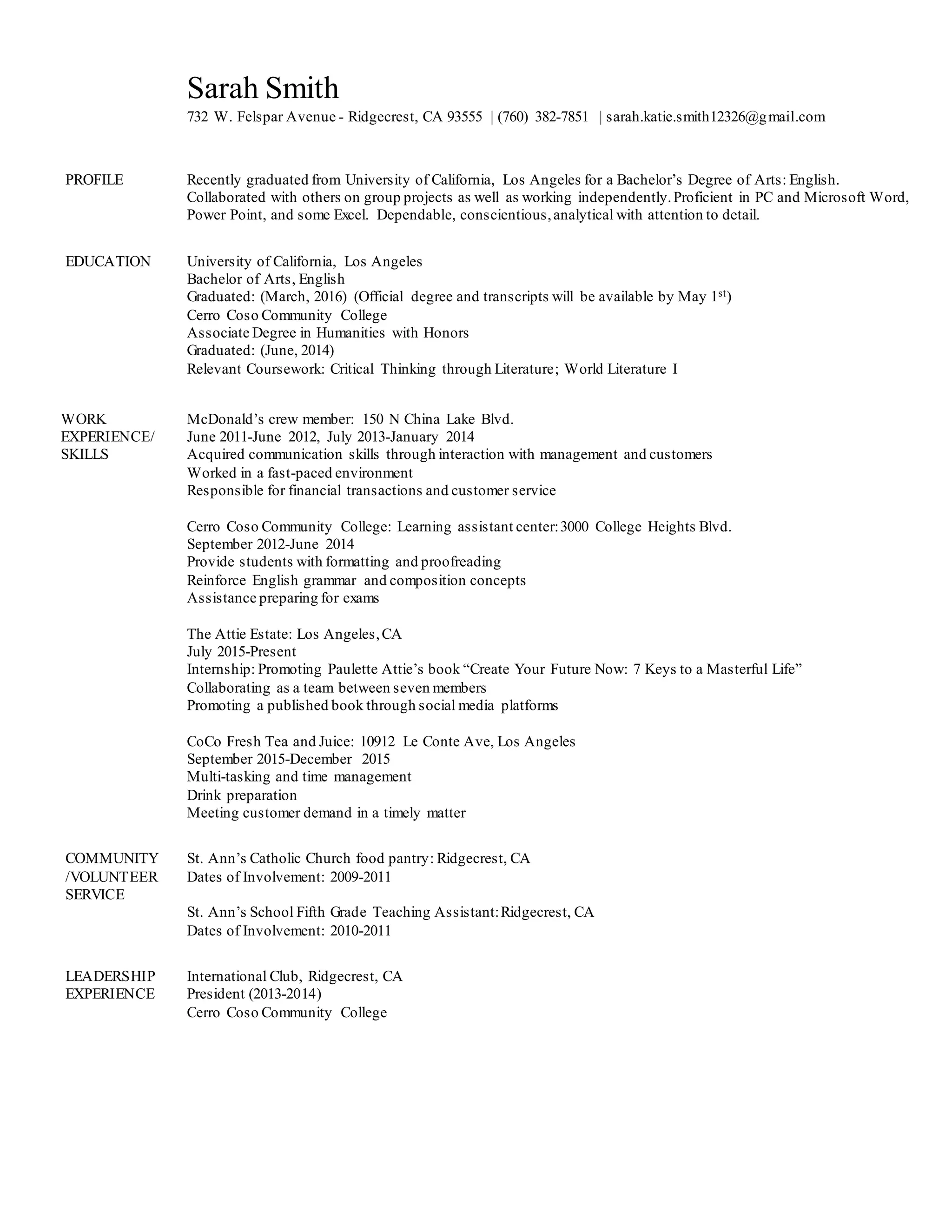 Sarah Smith resume 2016 | DOCX