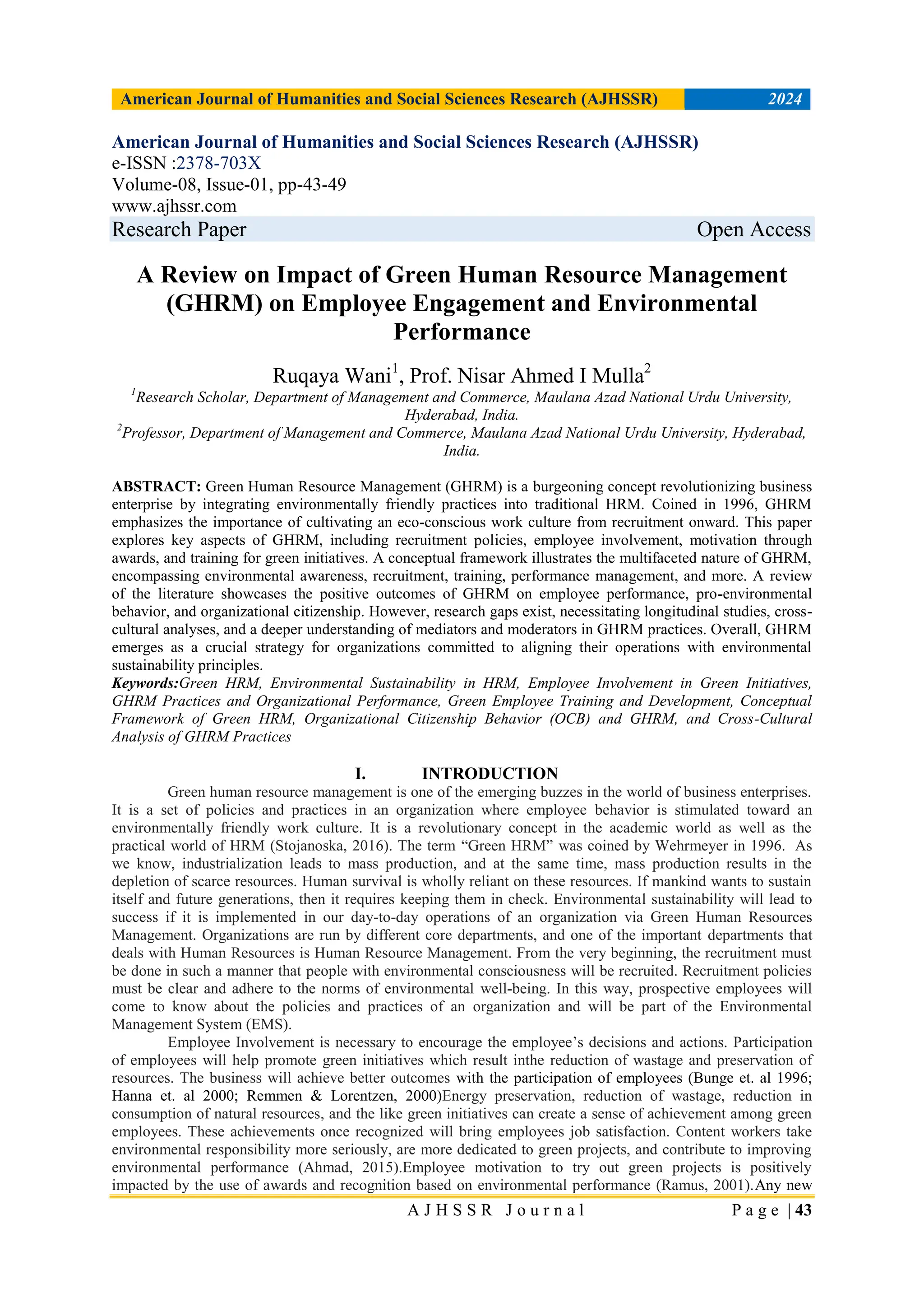A Review on Impact of Green Human Resource Management (GHRM) on Employee Engagement and ...