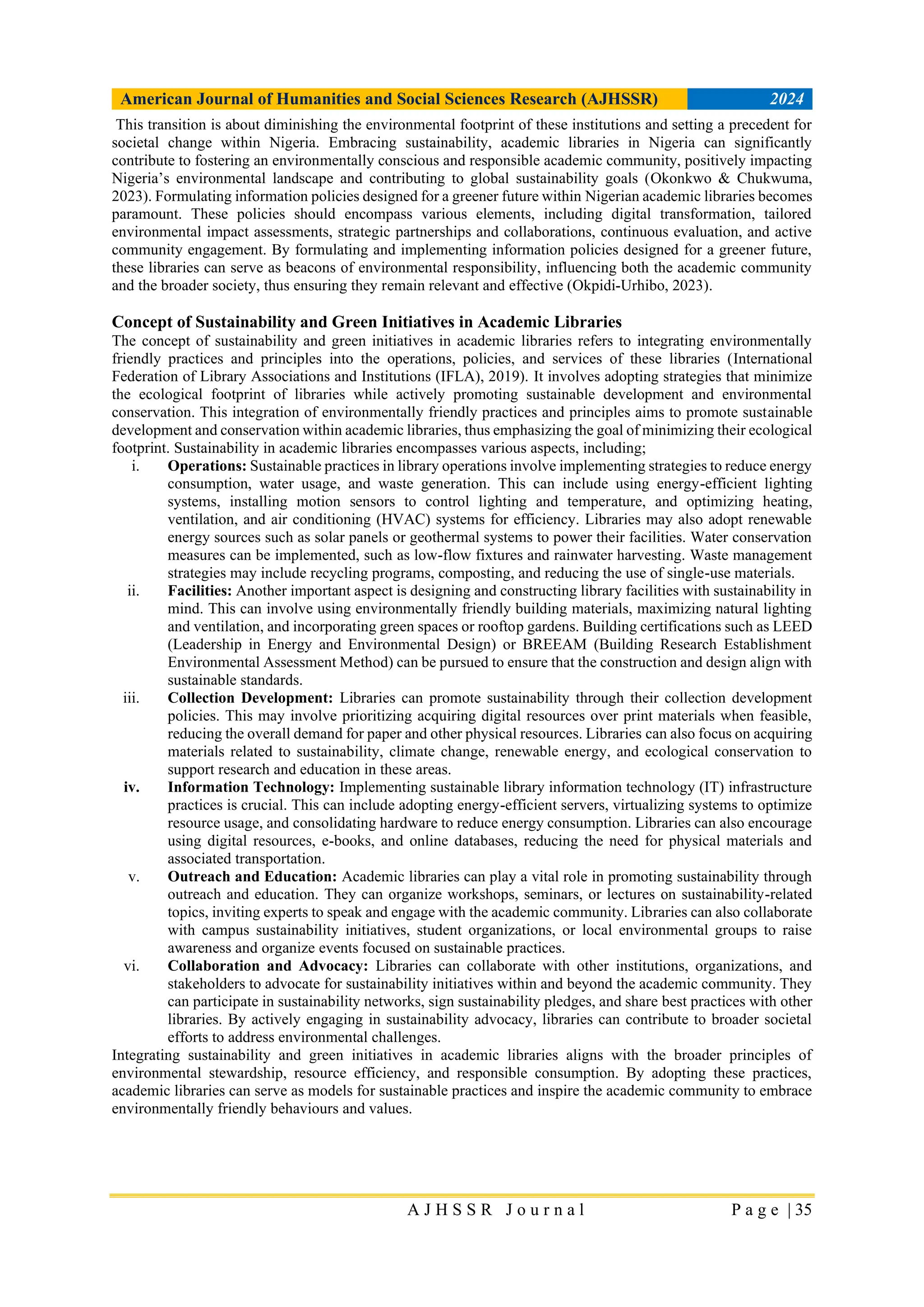 Academic Library Sustainability and Green Initiatives in Nigeria: A ...