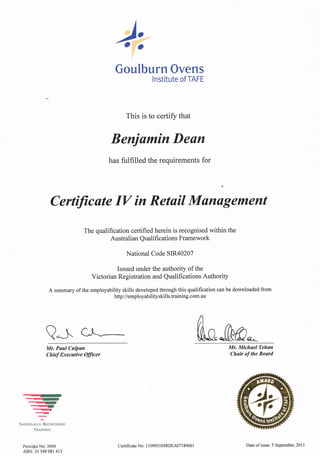 Certificate Retail Management Ben Dean | PDF