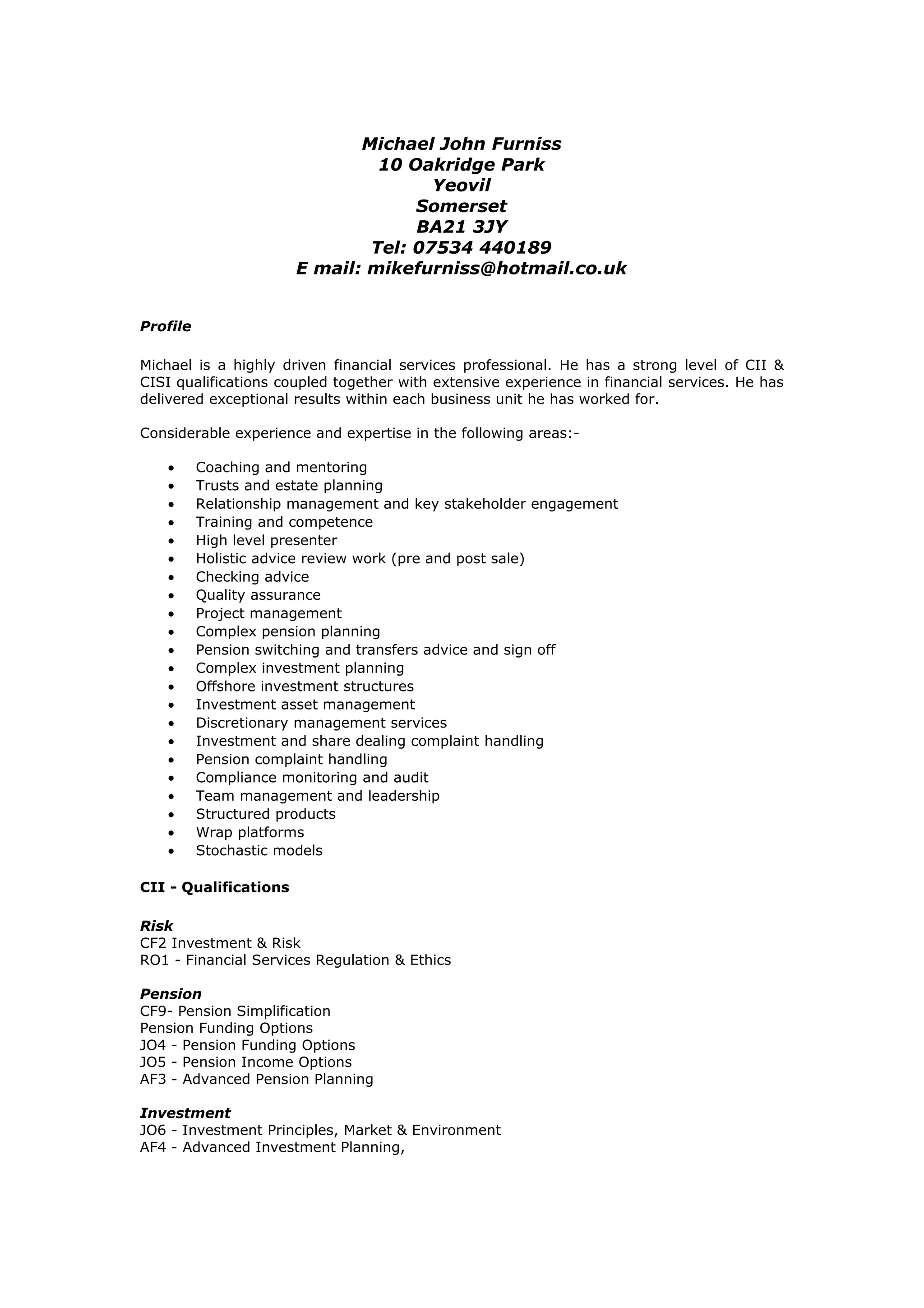 Mike Furniss - CV | DOC