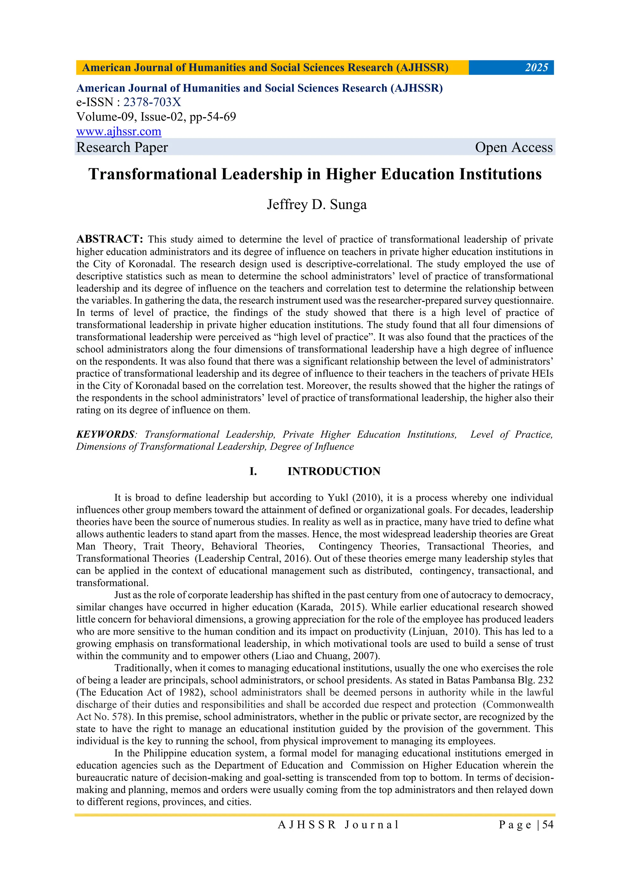 Transformational Leadership in Higher Education Institutions | PDF
