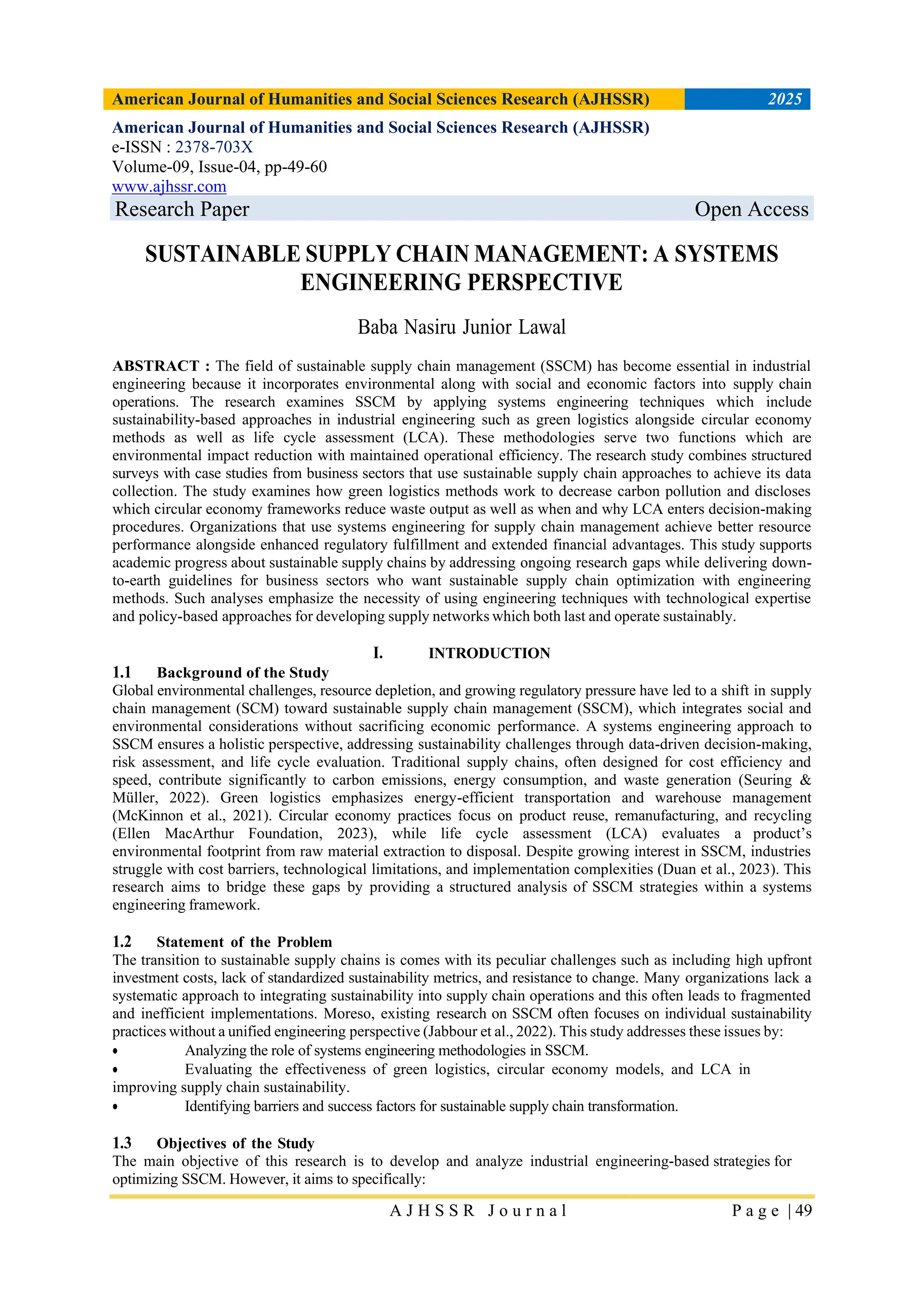 SUSTAINABLE SUPPLY CHAIN MANAGEMENT: A SYSTEMS ENGINEERING PERSPECTIVE ...