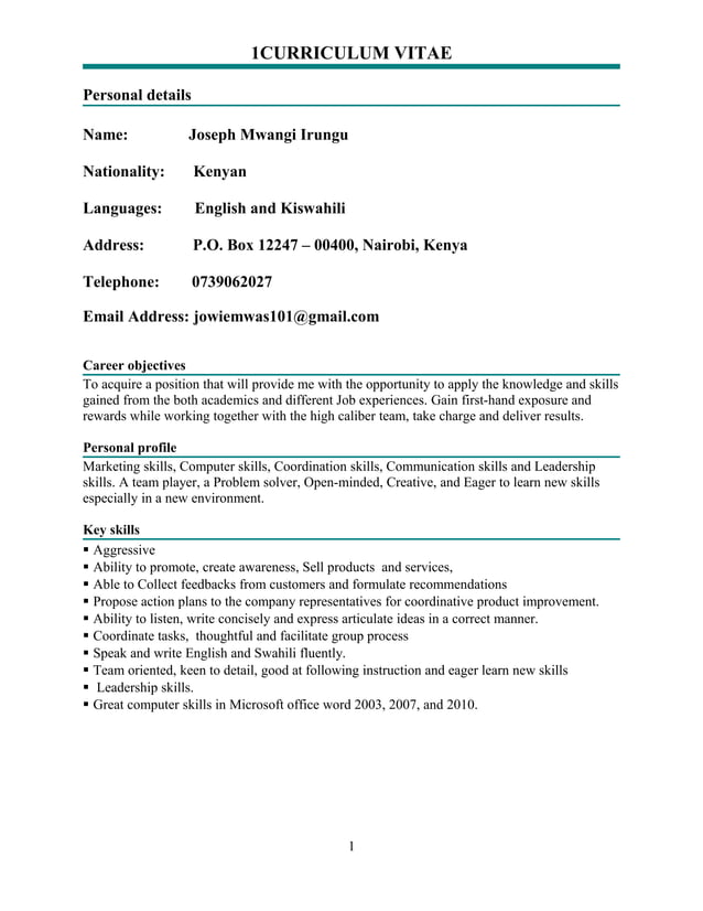 JOSEPH MWANGI IRUNGU CURRICULUM VITAE 1 | DOC