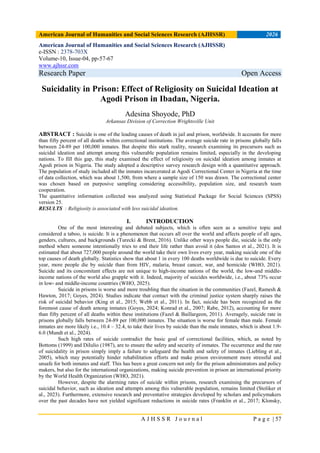 Suicidality in Prison: Effect of Religiosity on Suicidal Ideation at ...