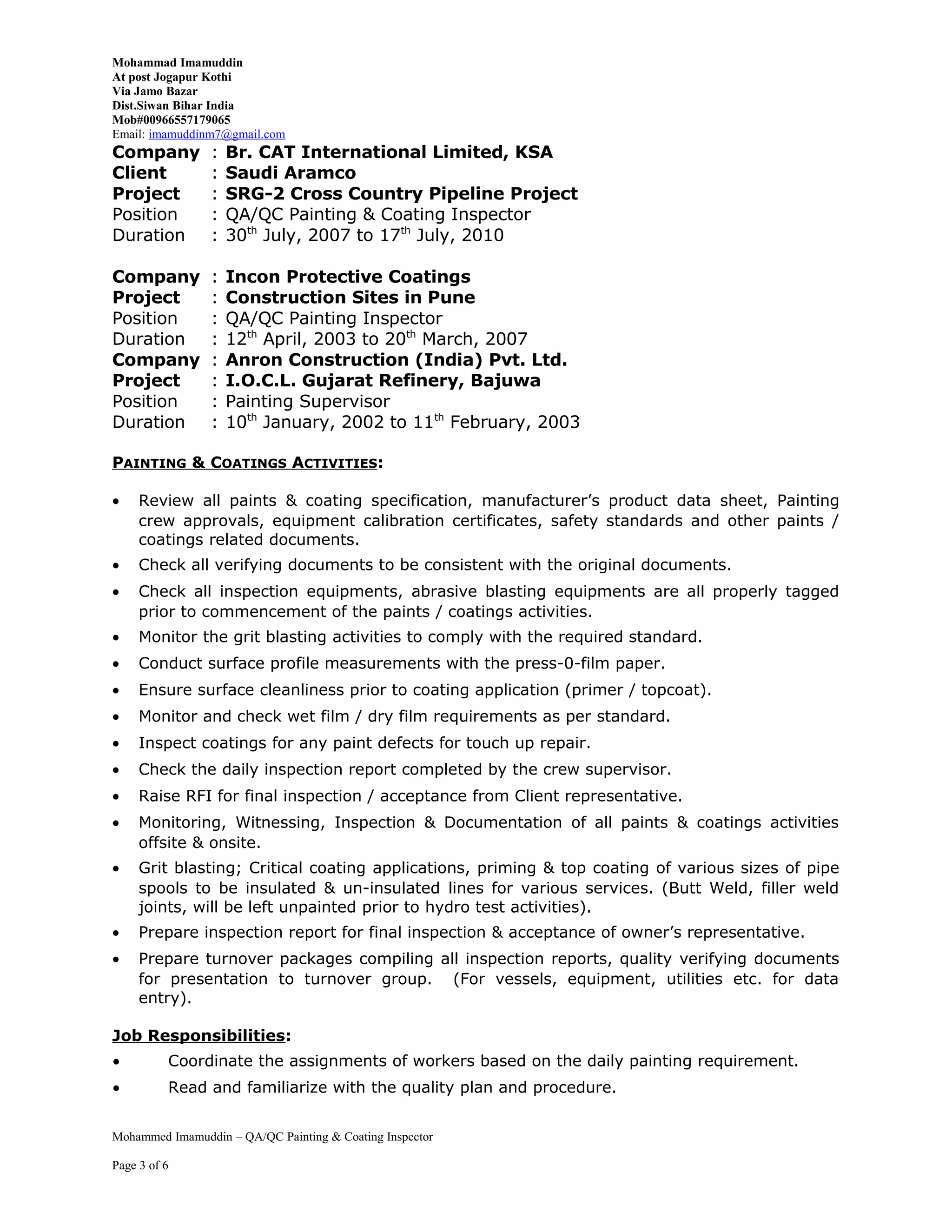 QA_QC PAINTING & COATING INSPECTOR - MOHAMMED IMAMUDDIN | DOC