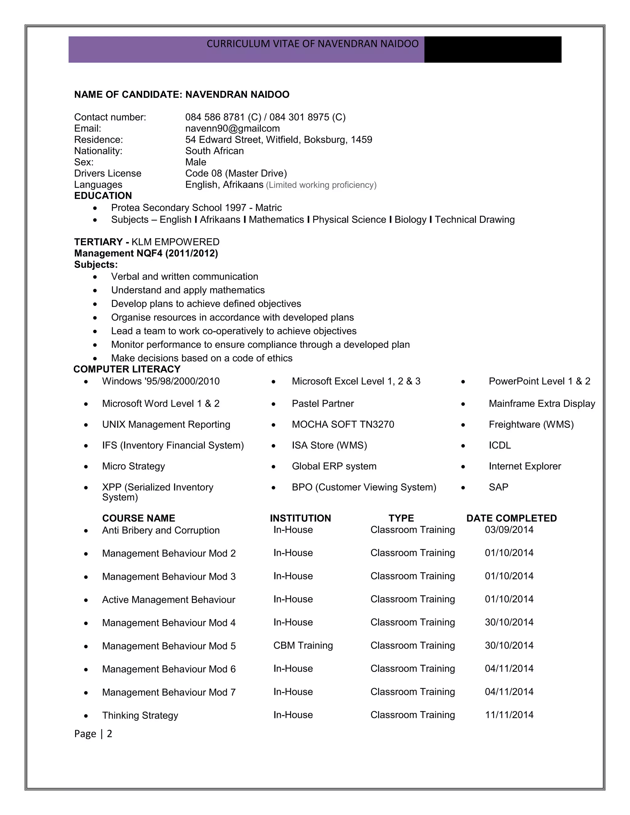 N Naidoo CV_201702 | PDF