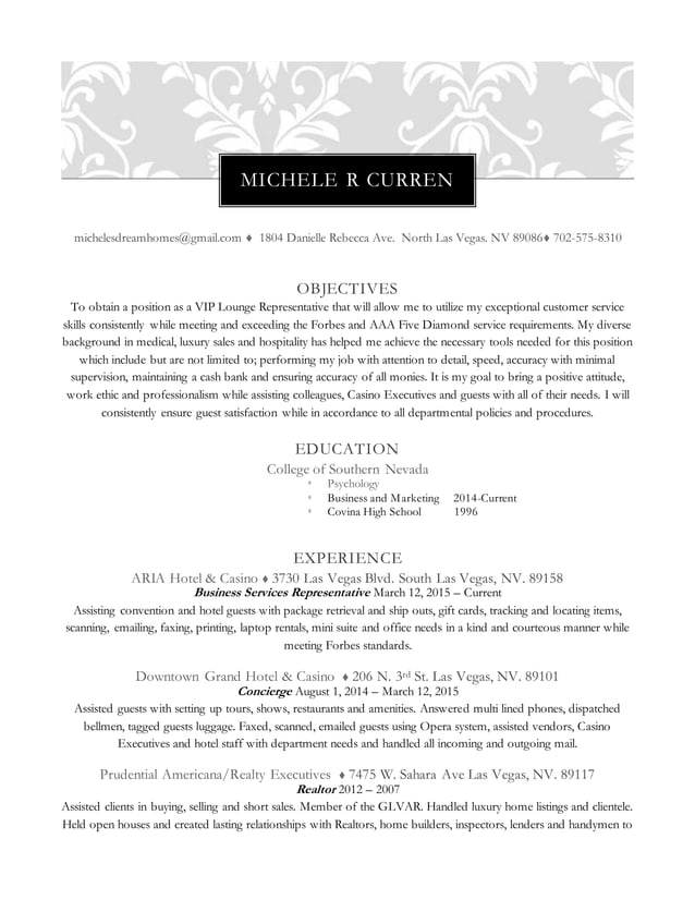 Michele R Curren Resume | DOCX | Hotels and Motels | Travel Type