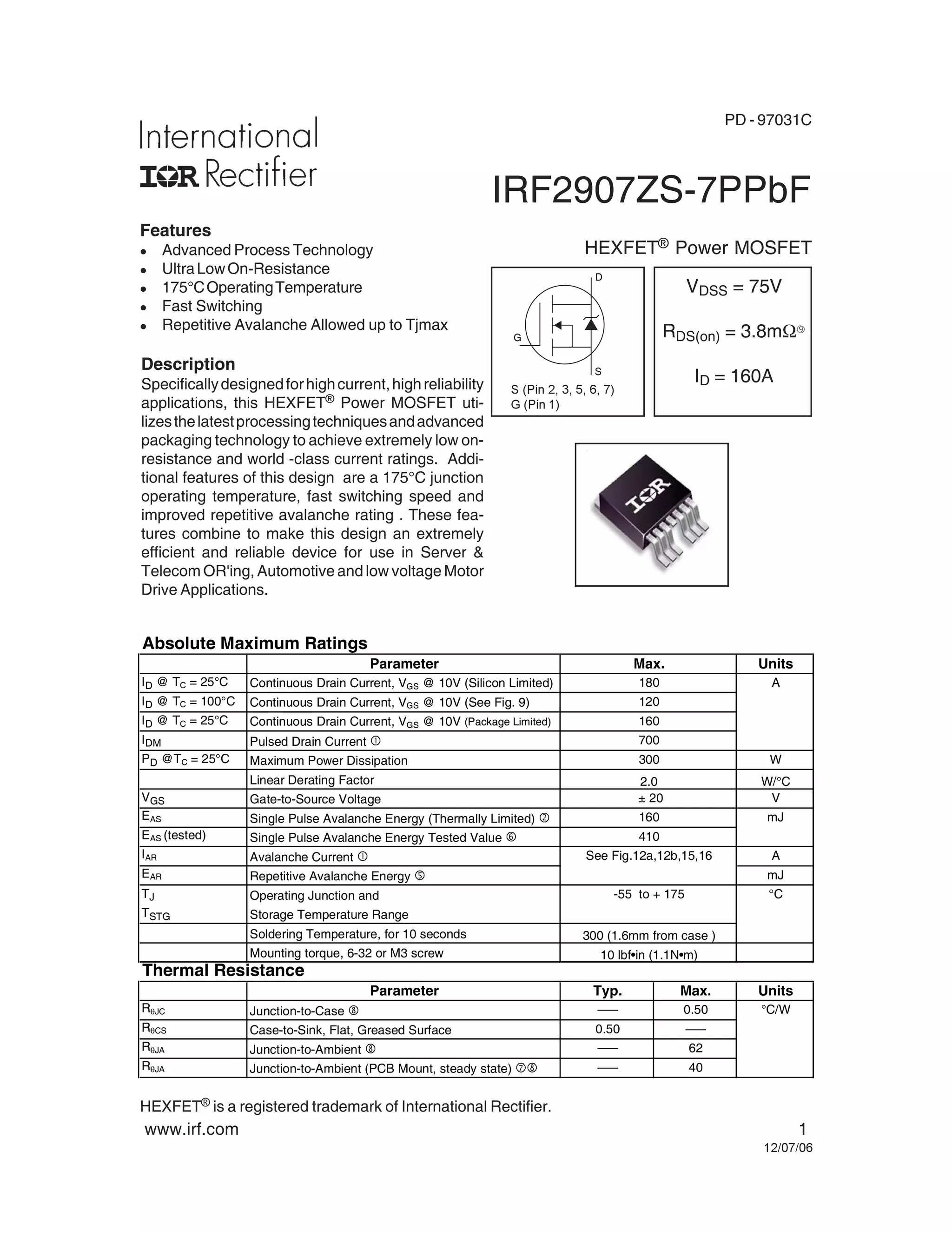 Mosfet N-Channel F2907ZS 2907 IRF2907Z 75V 75A TO-263 New IR | PDF