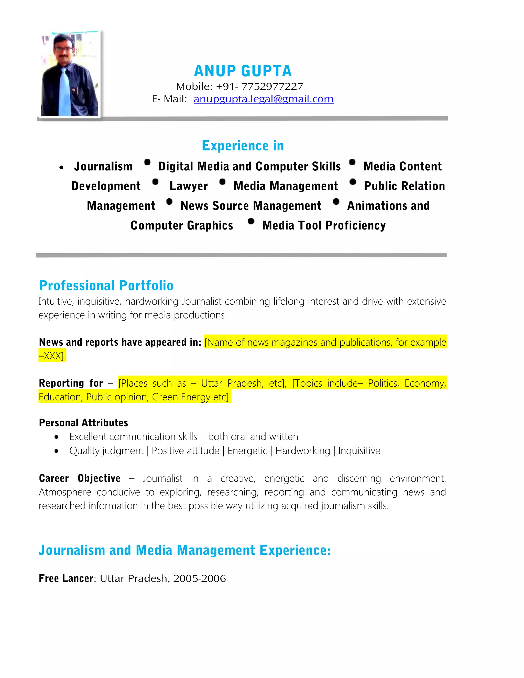 Anup Gupta Media Resume | DOC