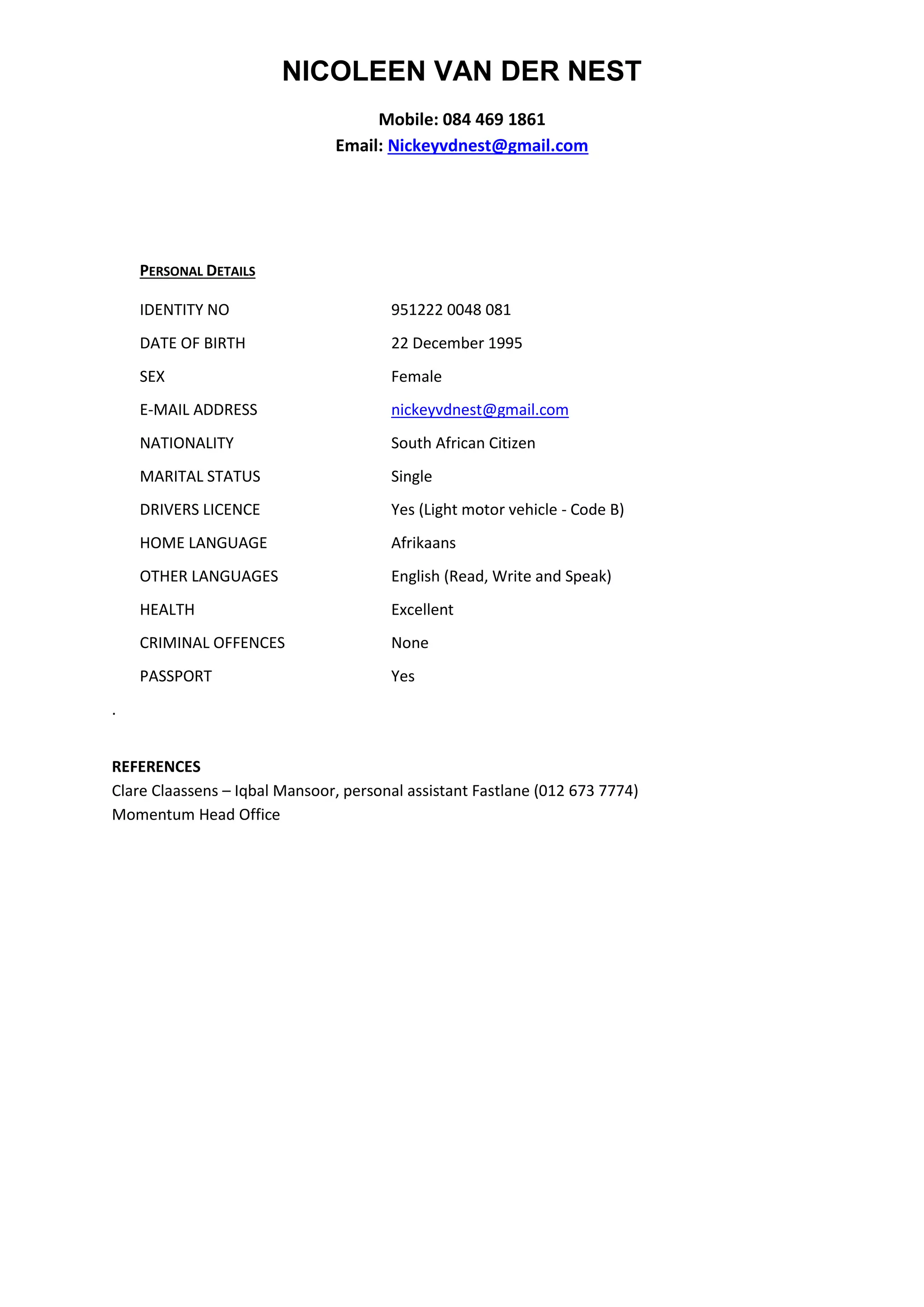 Nicoleen van der Nest CV | PDF