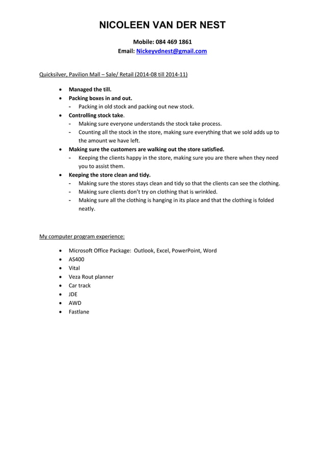 Nicoleen van der Nest CV | PDF