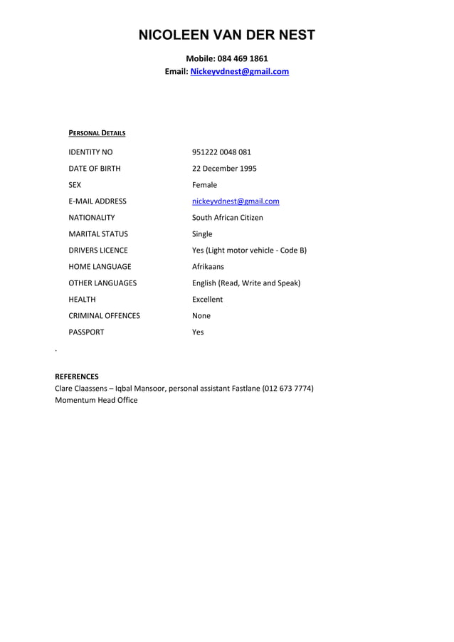 Nicoleen van der Nest CV | PDF