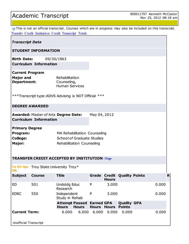South Carolina State Academic Transcript (1) | PDF