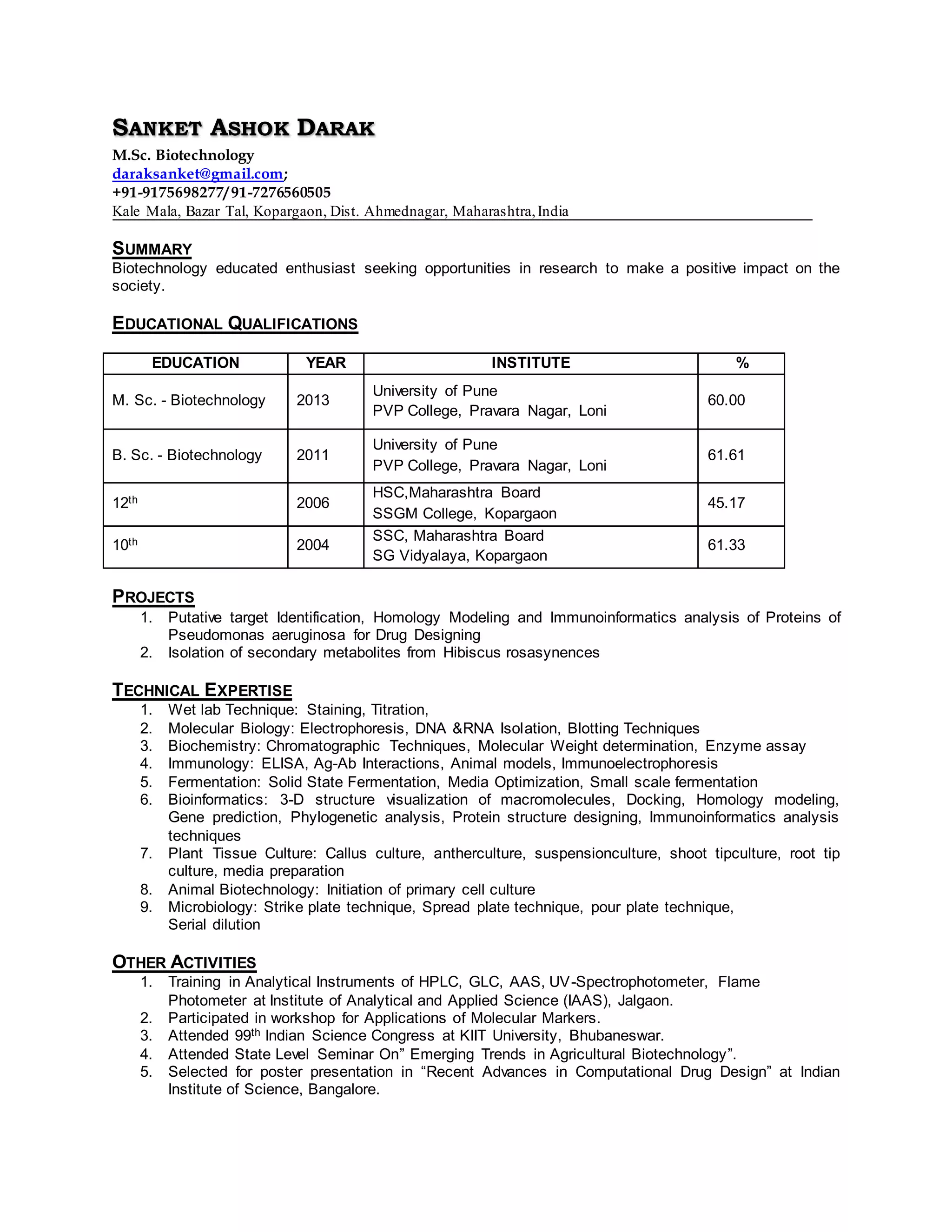 Sanket Ashok Darak Updated C.V. | DOCX