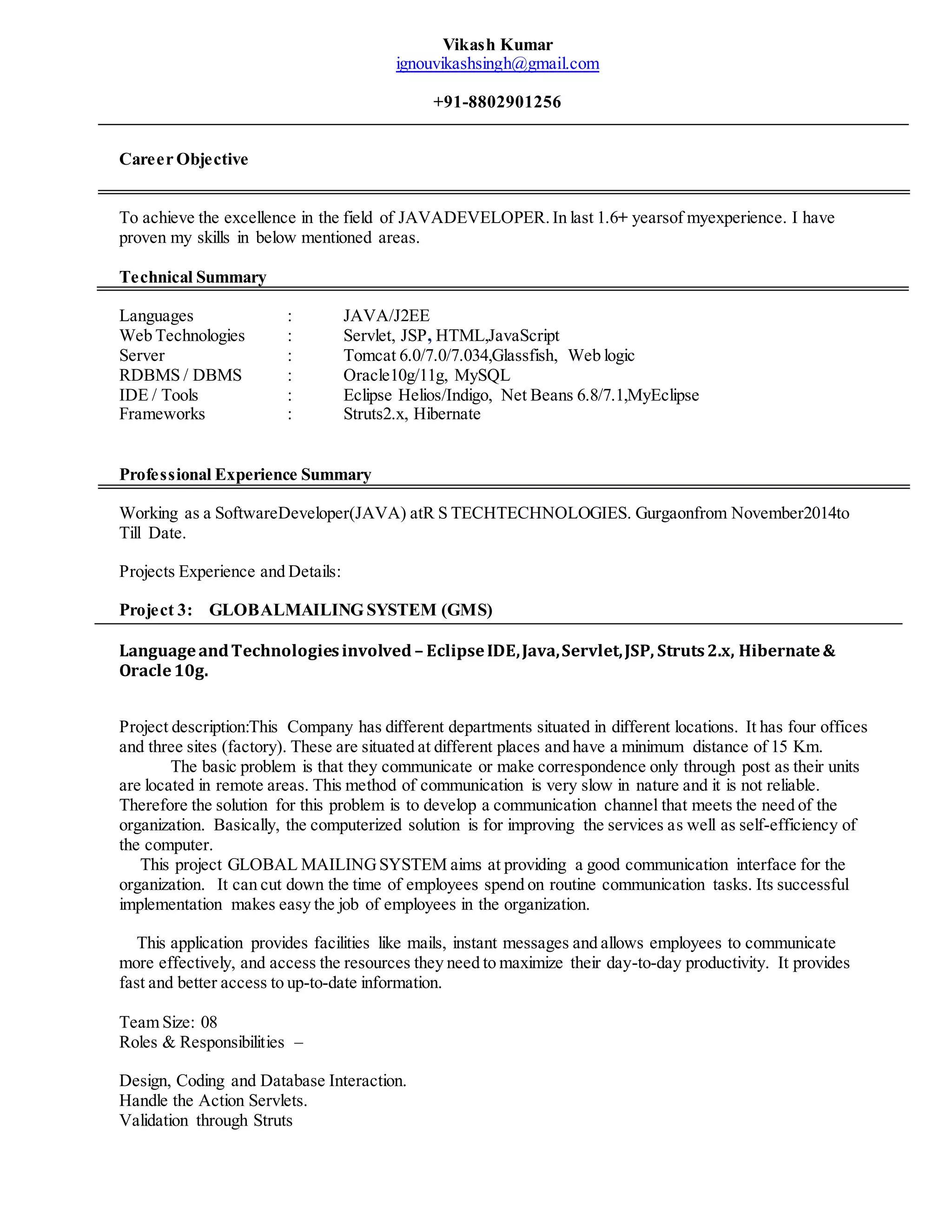 Vikash Kumar Java Developer 16 Years Of Exp Pdf