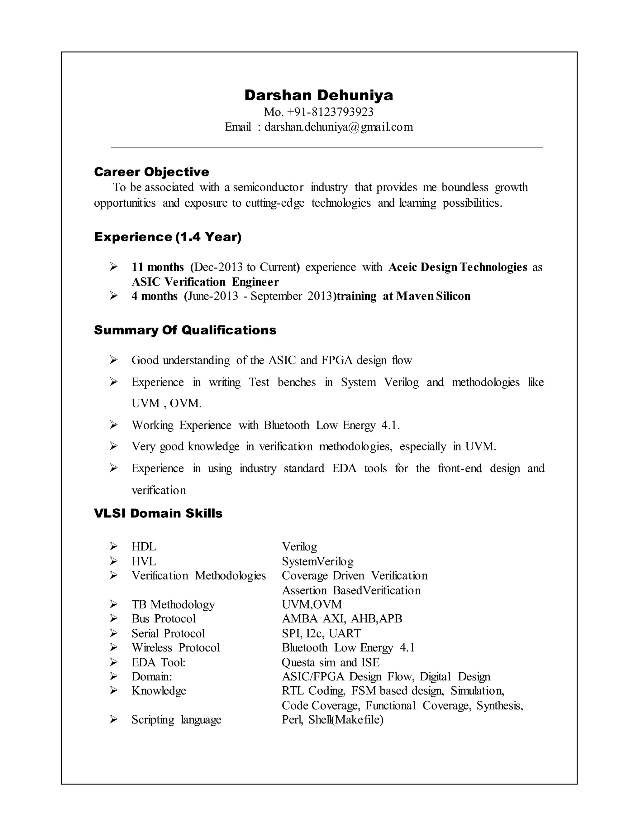 Darshan Dehuniya - Resume - ASIC Verification Engineer (1) | DOC