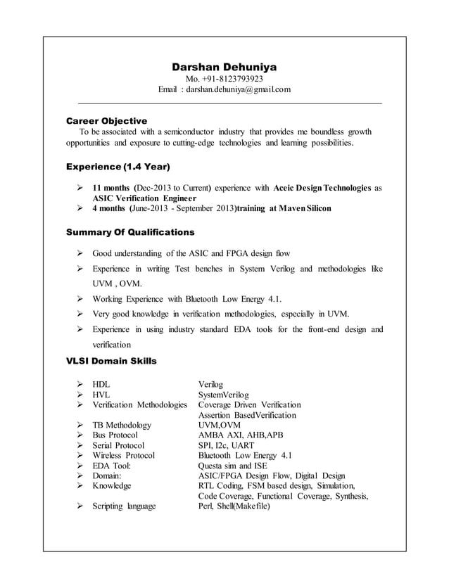 Darshan Dehuniya - Resume - ASIC Verification Engineer (1) | DOC | Computer Software and ...