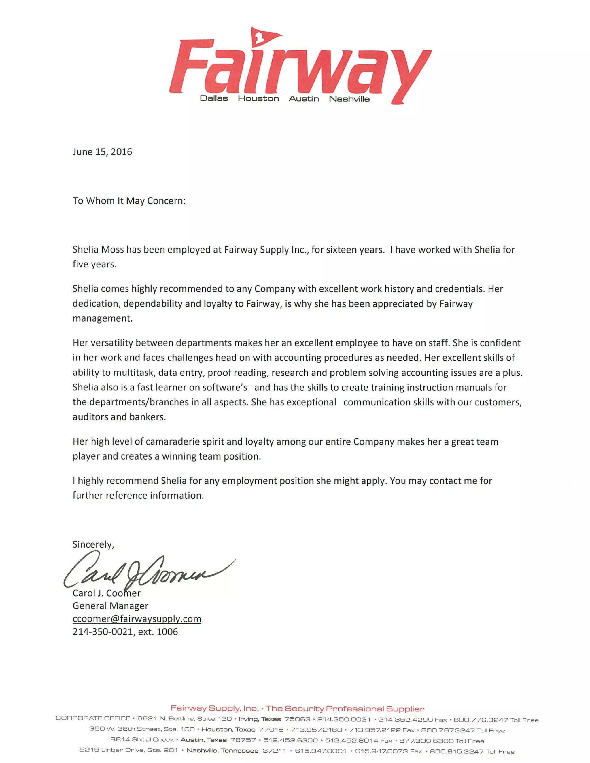CAROL COOMER LETTER OF RECOMMENDATION | PDF