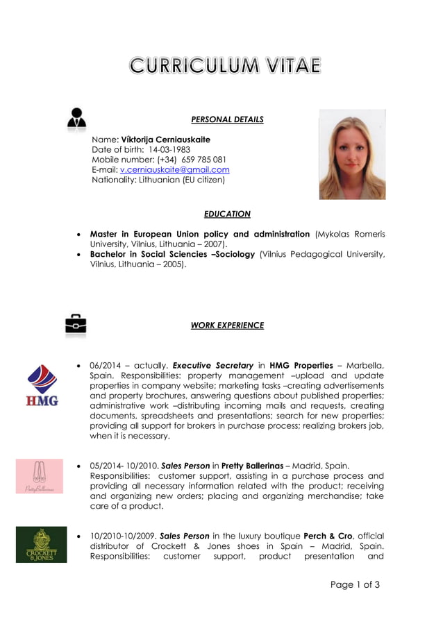 CV VIKTORIJA EN | PDF | Business | Business and Finance