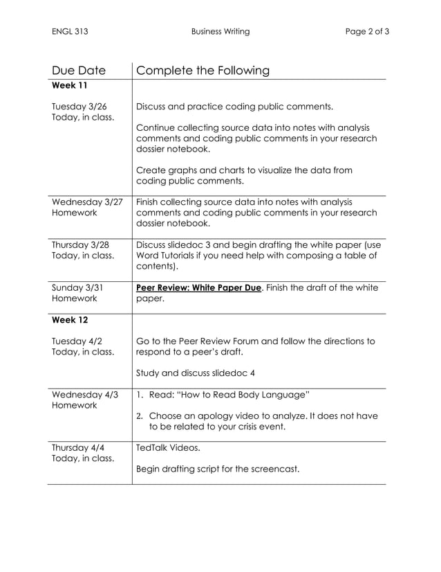 Updated2 English 313 Project 4 Schedule-Spr 2019-TThF2F | PDF