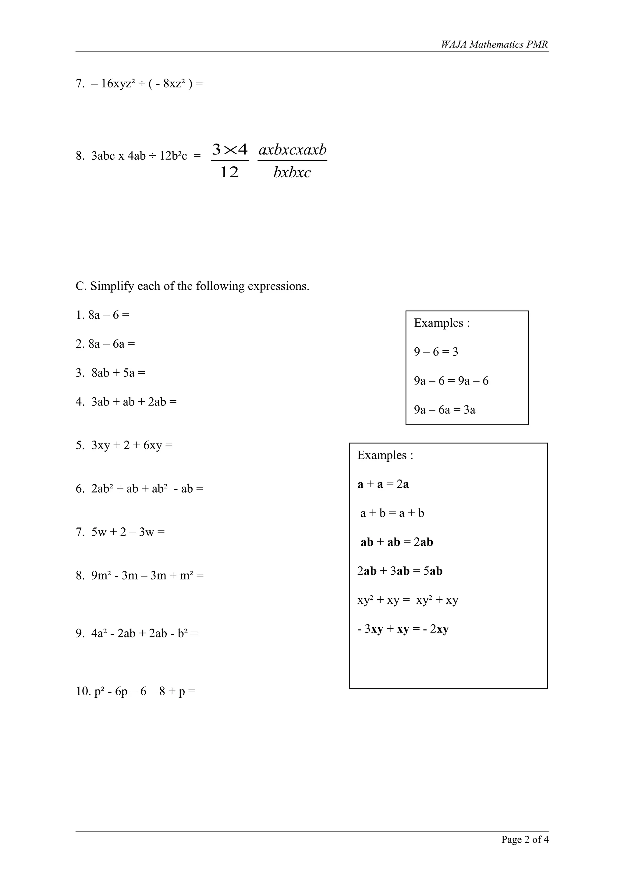 F2 algebraic expression ii | DOC