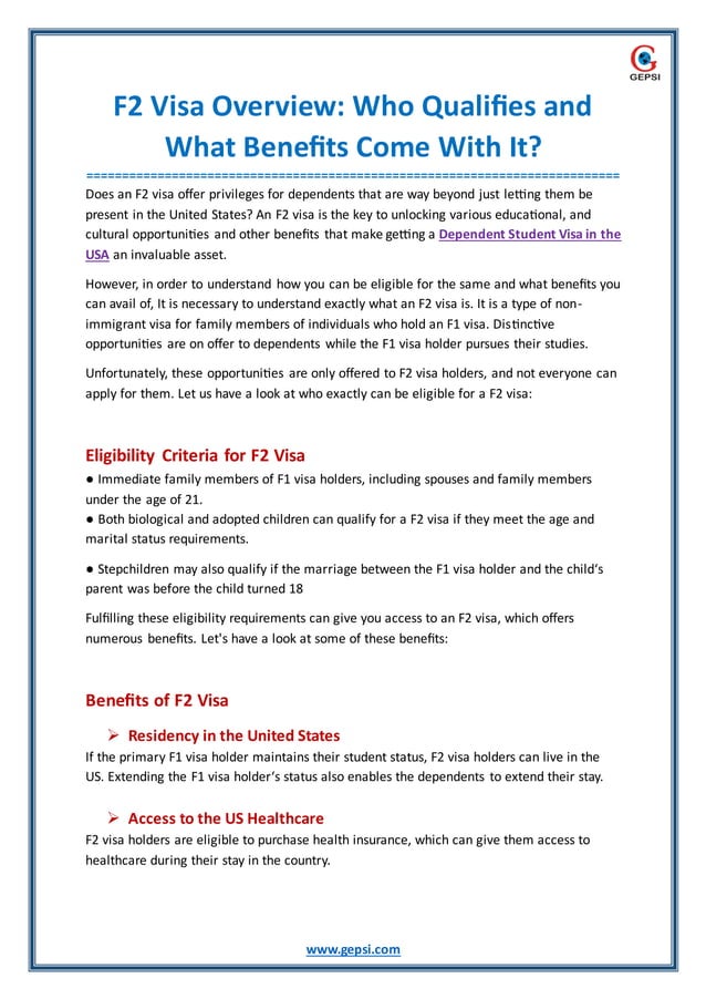 F2 Visa Overview Who Qualifies and What Benefits Come With It? | PDF