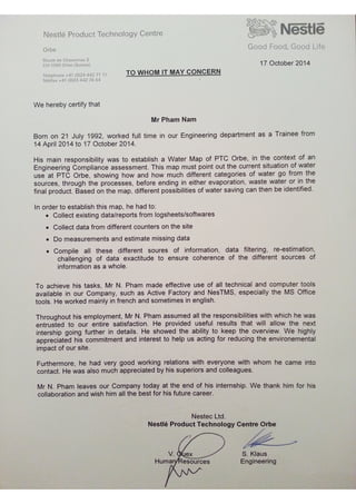 Certificate Internship Nestlé PTC Orbe | PDF